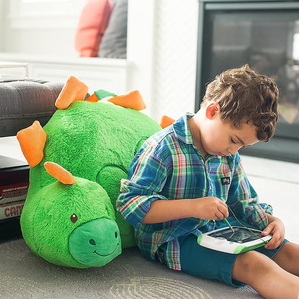 Soft Landing | Nesting Nooks | Soft and Cuddly Portable Back Rest and Reading Pillow with Storage Pocket – Dino 23 x 15 x 14 inches
