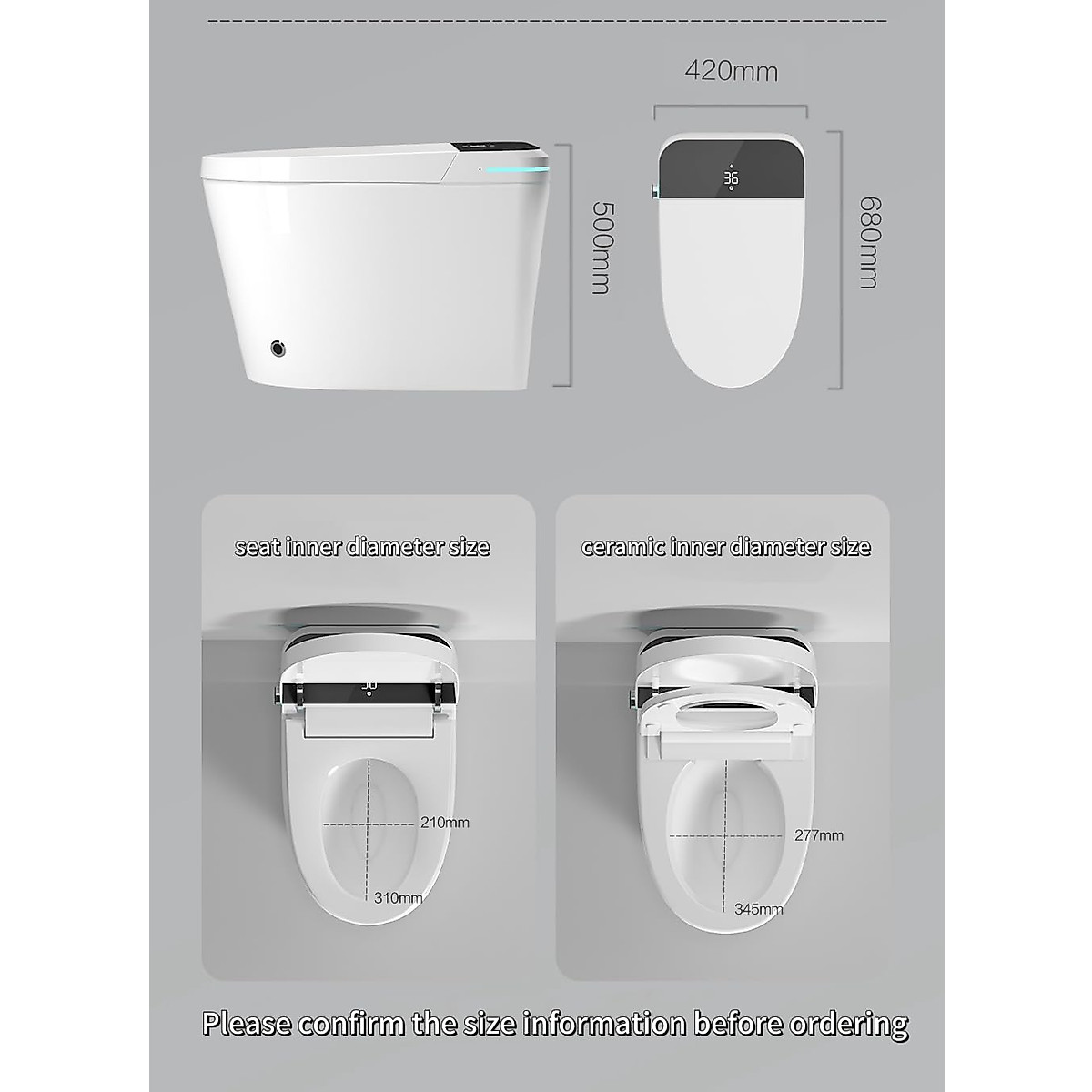 SouNor 12"Rough-in Tankless Smart Toilet with Blue Light Strip,LED Display Warm Air Drying, Heated Bidet Seat,Foot Sensor Flush,Wireless Remote Control,Warm Water Wash,Self-cleaning,Ceramic,White.