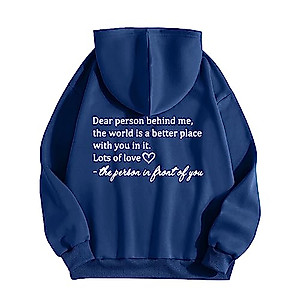 PANOEGSN Dear Person Behind Me, Casual Hoodies for Women Long Sleeve Crewneck Sweatshirt Drawstring Pullover Tops with Pocket My Recent Orders 2023 Fall Autumn Winter Sweatshirts Hoodie Blue