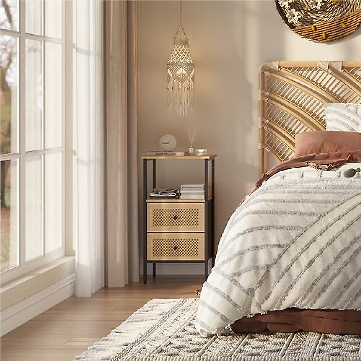 DOVAMY Rattan Nightstand with 2 Drawers, End Table for Small Spaces, Side Table with Storage for Bedroom, Living Room, Dorm, 27.5'' Bed Stand with Open Shelf, Beige BN03B