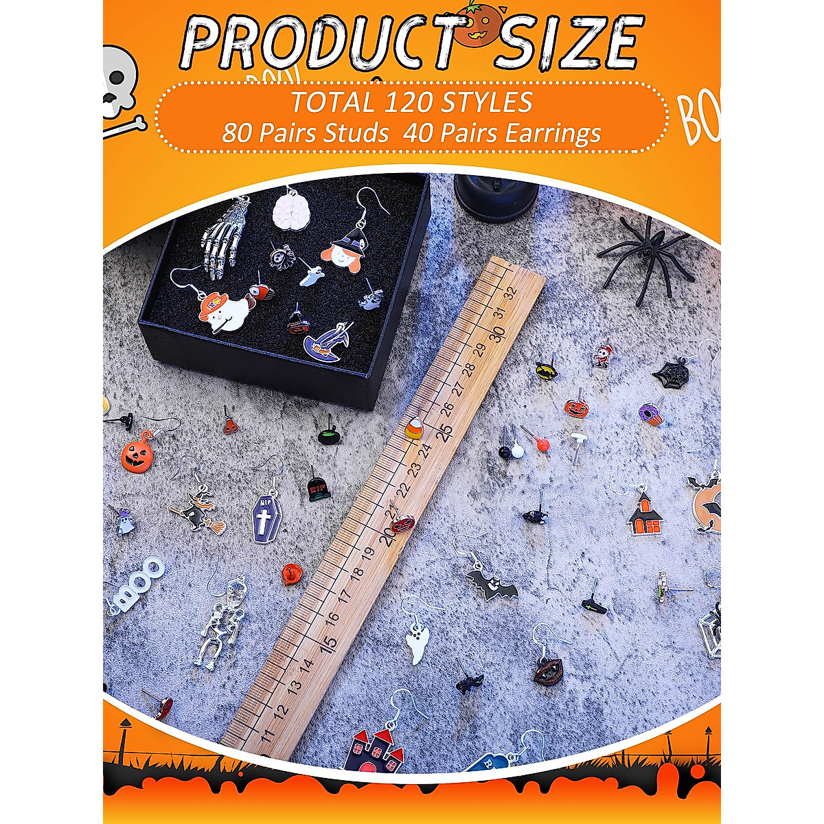 Sasylvia 120 Pairs Halloween earrings Sets Halloween Studs earrings Bulk Bat Cat Witch Stud earrings Set Spider Web Pumpkin Skull earrings Drop Halloween Jewelry for Women Girls for Party
