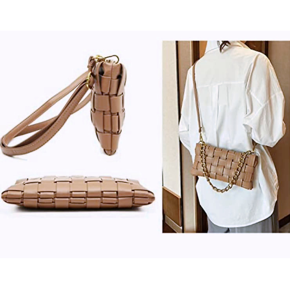 Bella Luna Women’s Woven Small Crossbody Clutch Handbag or Shoulder Bag Purse with Chain and Strap for Evening or Day (Caramel)