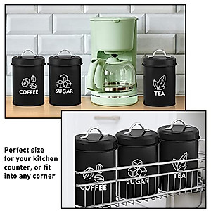 E-far Canister Sets for Kitchen Counter, 3-Piece Metal Coffee Sugar Tea Canister with Airtight Lid for Food Storage, Farmhouse Style & Small Size (6.1” x 4”)-Black