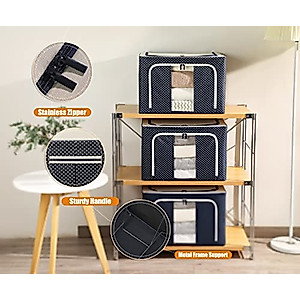 Furnhome Clothes Storage Organizer Bins Containers , Foldable Stackable Storage Bins-Oxford Cloth Steel Frame Storage Box for Clothing Storage with Foldable Clear Window & Reinforced Handles (Navy Dots, 66L, 3PCS)…