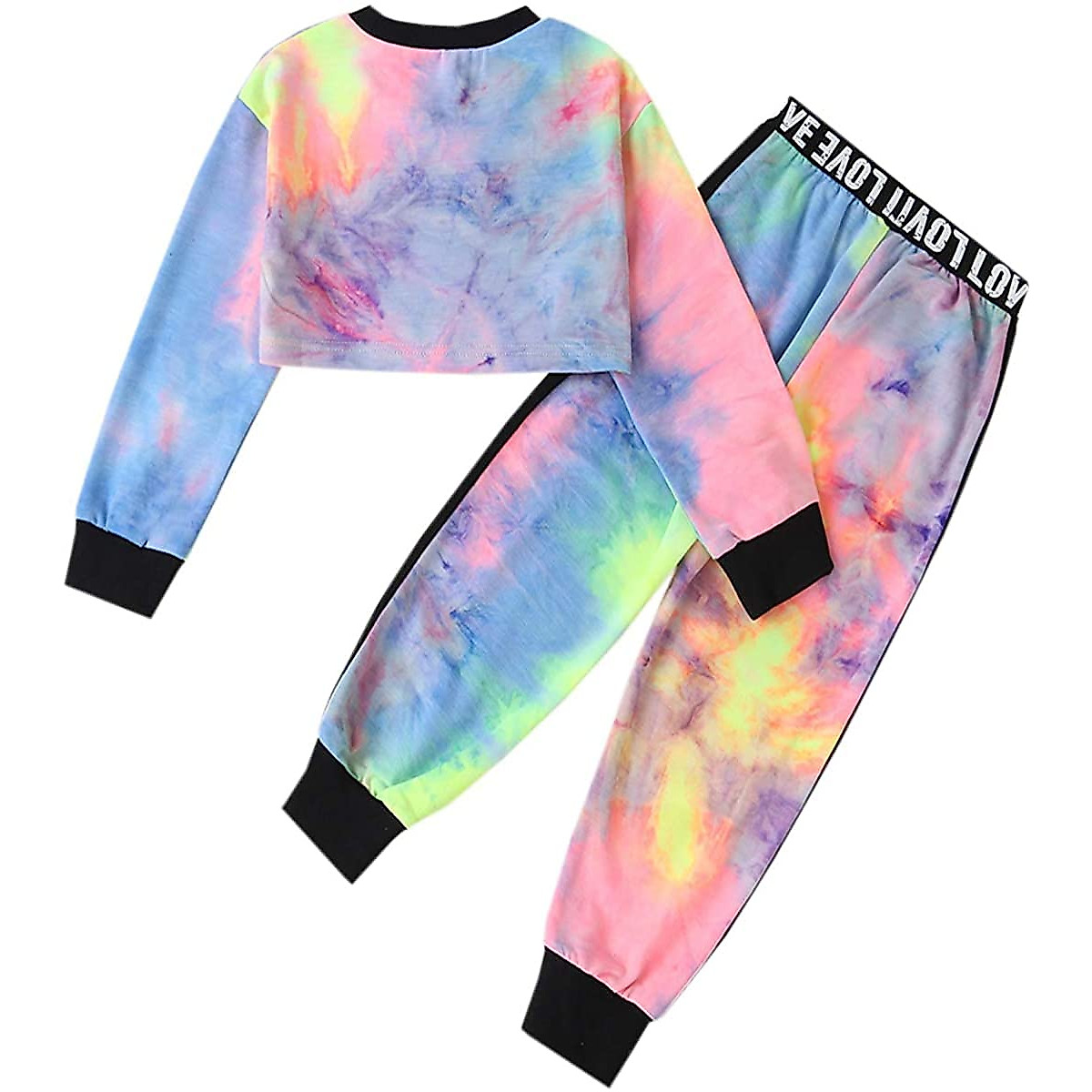 Girls Cropped Sweatsuit Pants Outfit Set, Tie-Dye Pullover Crop Sweatshirt + Sweat Jogging Pants 2 Pieces Clothes Set, Multicolored, 11-12 Years
