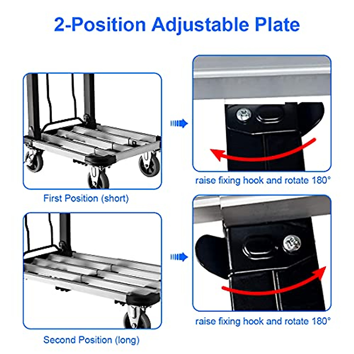 Foldable Platform Cart, Heavy Duty Aluminum Metal Hand Truck Folding Push Carts for Luggage Moving Transportation, 4 Rubber Wheels, 330LB Load Capacity, Come with Bungee Cord
