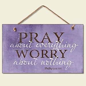 Ergonflow Pray About Everything Wooden Sign Decor 9.5" by 5.75" Decorative Signs Inspirational Sign, Wood Hanging Sign with Rope