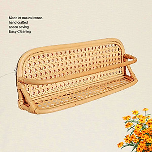 Rattan Wall Shelf Floating Shelf Decorative, Natural Rattan Hanging Rack Wall Storage Shelf, Wall Mounted Natrual Rattan and Wood Storage Hanging Shelves for Kitchen Bathroom