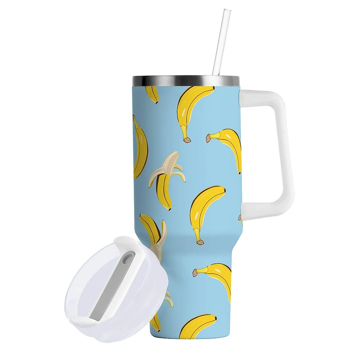 Light Blue Banana 40 oz Tumbler with Handle and Straw Insulated Reusable Leak-proof Travel Coffee Mug Cup with Lid Thermal Stainless Steel Water Bottle for Coffee Iced Tea