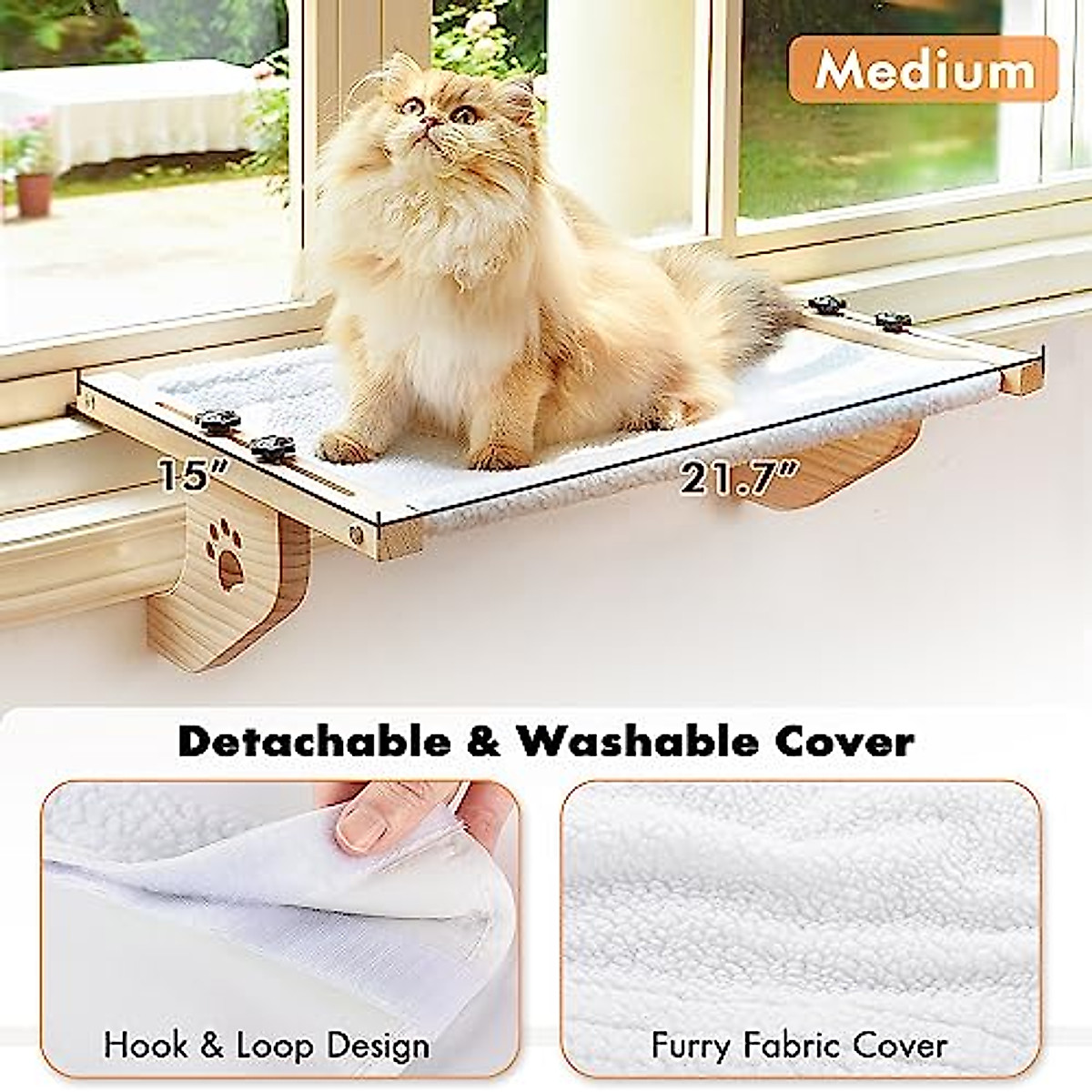 AMOSIJOY Cat Sill Window Perch Sturdy Cat Hammock Window Seat with Wood & Metal Frame for Large Cats, Easy to Adjust Cat Bed for Windowsill, Bedside, Drawer and Cabinet (21.7''-White Plush)