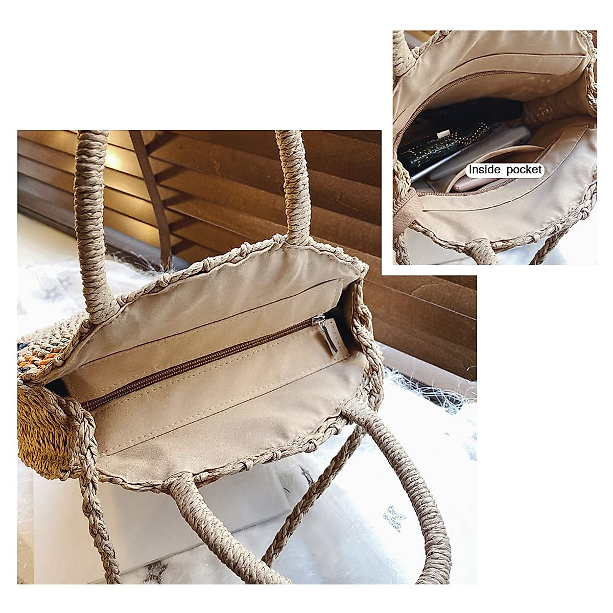 QTKJ Hand-woven Boho Women Straw Summer Beach Bag, Colorful Round Rattan Bag Cross Body Bag Shoulder Messenger Satchel (Khaki)