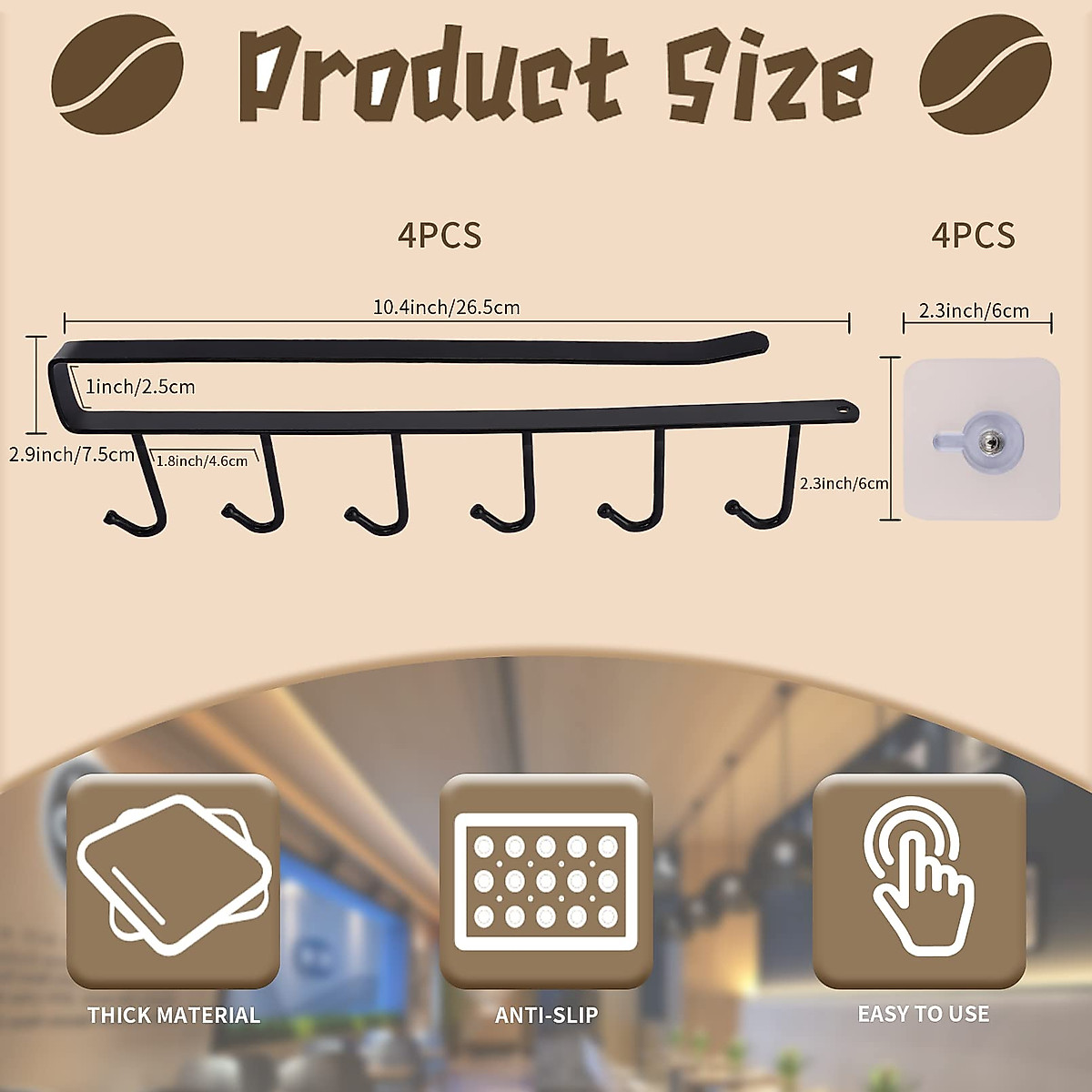 4Pcs Coffee Mug Holder Under Cabinet,Coffee Cups Holder with 6 Mug Hooks,Drilling Free Adhesive Kitchen Utensils Hanging Hooks for Kitchen Utensil,Fit for 1 Inch Thickness Shelf or Less (Black)