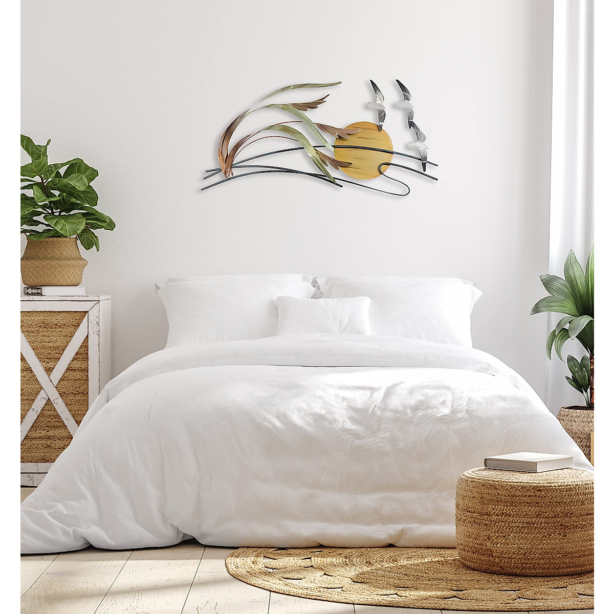 T.I. Design Seagulls and Sea Oats with Sun | Contemporary Coastal Beach Handmade Stainless Steel Metal Wall Decor