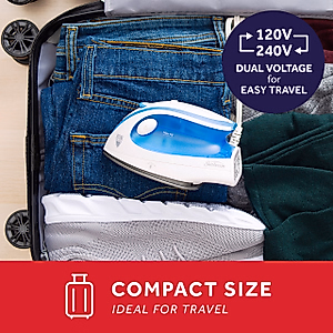 Sunbeam Hot-2-Trot Travel Steam Iron, 800 Watt Dual Voltage 120/240, Compact Size, Portable, Non-Stick Soleplate, Soft Touch Handle, Horizontal or Vertical Use, White and Blue