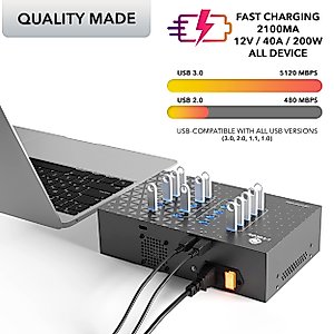 Powered USB Hub – 20 Port USB 3.0 Hub - 5Gbps Sync & High-Speed Data Transfer Multiple USB Splitter with Built-in 5V 40A Power Adapter - Fan & Mounting Brackets for Phone MB Laptop Tablet PC - 110V