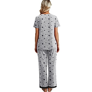 PrinStory 2024 Womens Pajama Set Short Sleeve Sleepwear Ladies Soft Pjs Lounge Set with Pockets Black Star Gray-L