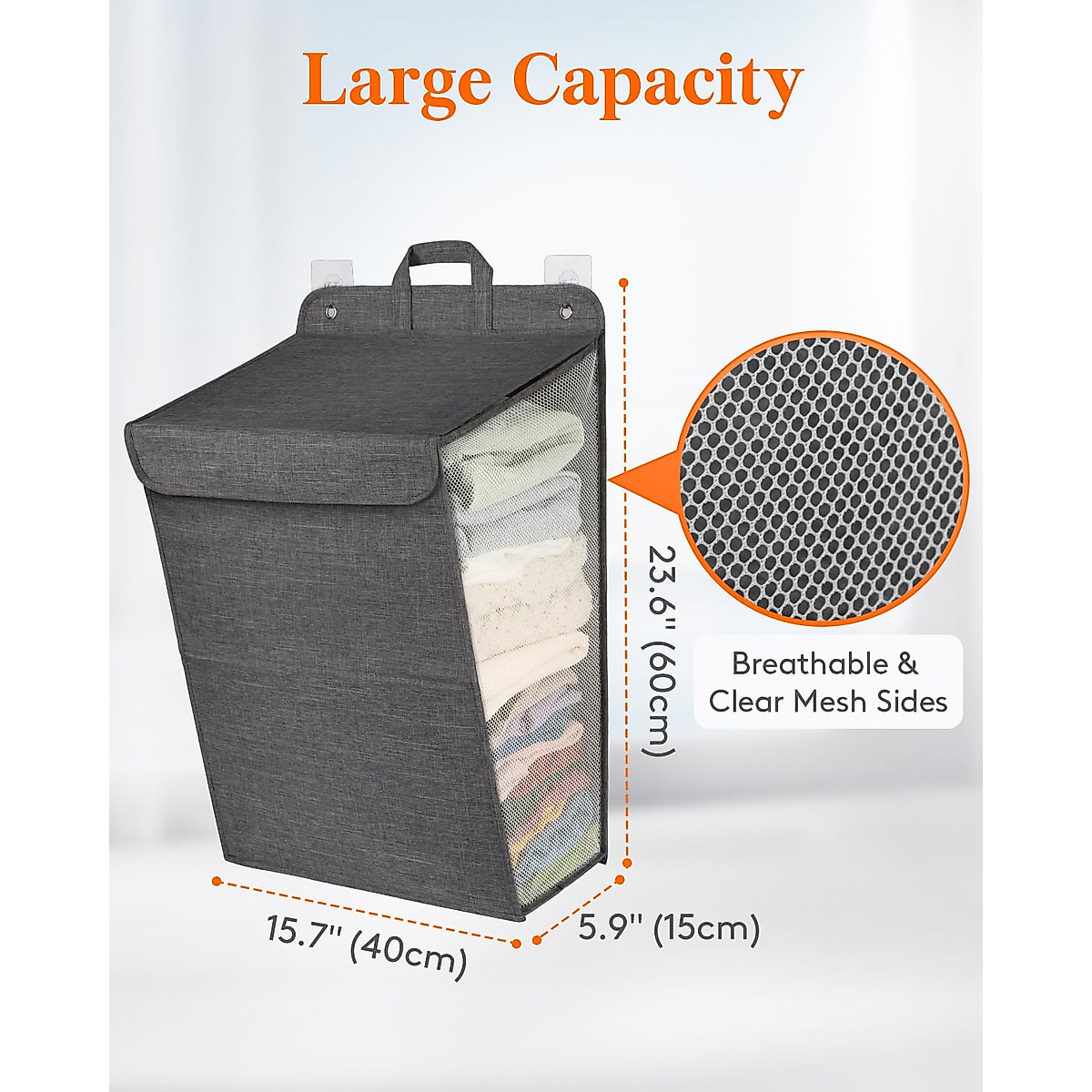 Lifewit 50L Hanging Laundry Hamper, 2 Pack Collapsible Large Opening Portable Laundry Basket with Lid and Handle, Wall Mounted Mesh Dirty Clothes Hamper Over the Door and Wall for Bathroom Dorm, Black