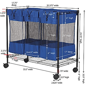 Household Essentials 7119 Rolling Triple Laundry Sorter on Wheels – Storage Organizer-  Black Steel Frame