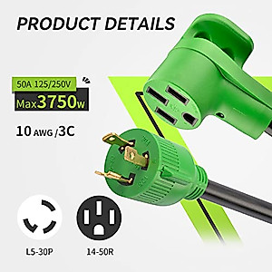 RVMATE 3 Prong 12 Inch 30 Amp to 50 Amp RV Generator Adapter Cord, STW 10/3, L5-30P Male Plug to 14-50R Female Connector with LED Indicator
