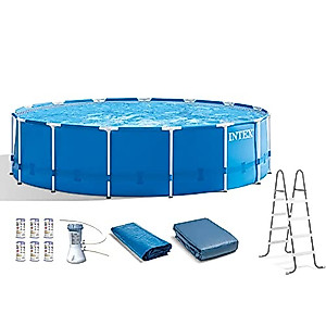 Intex Metal Frame 15' x 48" Round Above Ground Swimming Pool Set with Filter Pump, Ladder, and Cover with Maintenance Accessory Vacuum and Skimmer Kit