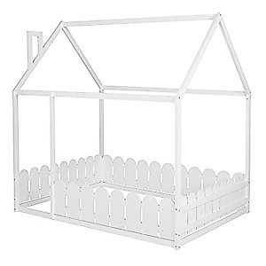 Merax Wooden House Bed with Fence-Shaped Guardrail Montessori Bed Frame for Kids, Toddlers, Girls, Boys (Full,White)