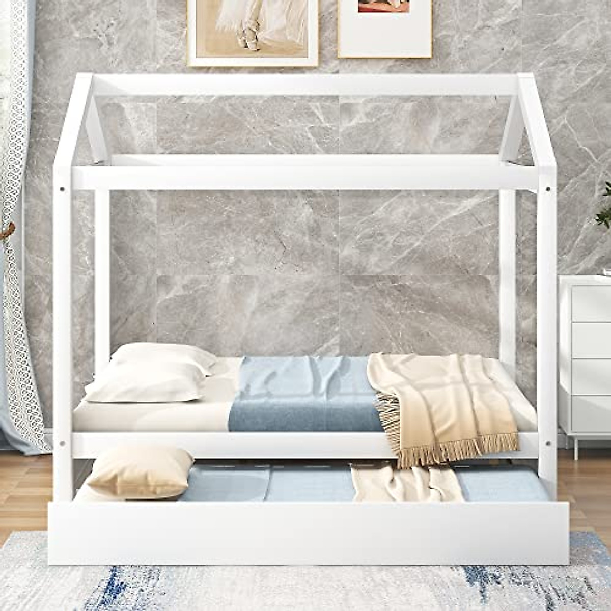 BIADNBZ Full Size House Platform Bed Frame with Trundle and Support Legs for Kids Bedroom, Wooden Playhouse BedFrame, Easy Assembly,White