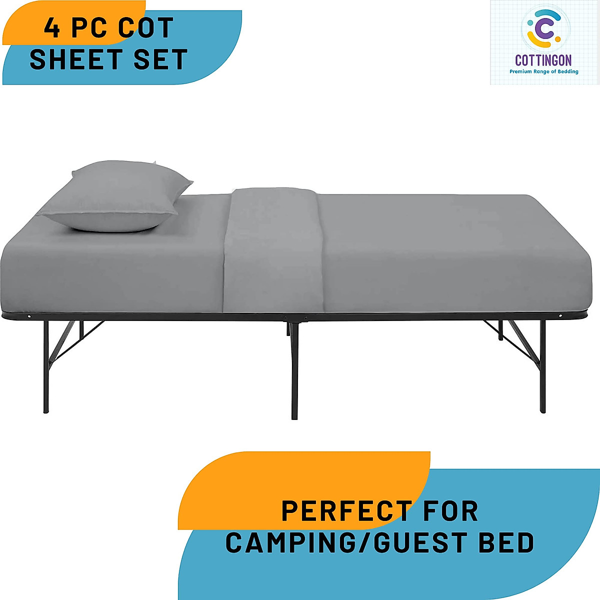 Cottingon, Premium 400 TC 100% Egyptian Cotton 4 PC Sheet Set 7" Deep, Light Grey-Cot Size 33"x75"