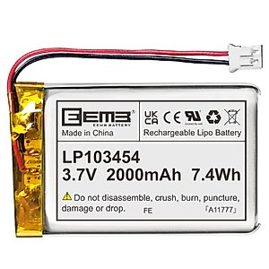 EEMB Lithium Polymer Battery 3.7V 2000mAh 103454 Lipo Rechargeable Battery Pack with Wire JST Connector for Speaker and Wireless Device- Confirm Device & Connector Polarity Before Purchase