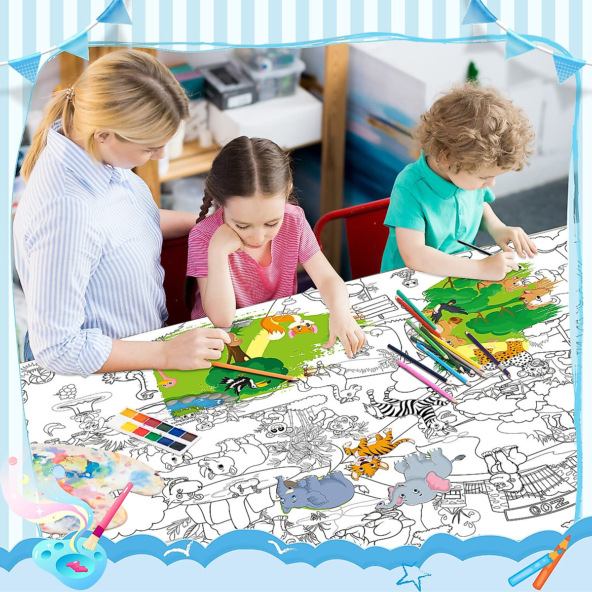 Set of 3 Jumbo Giant Coloring Poster, 45 x 32 Inch Large Table Wall Sheets with Zoo Animal, Ocean Creature, Dinosaur Theme Big Huge 16 Pages Fun Coloring Activities Kids Gift