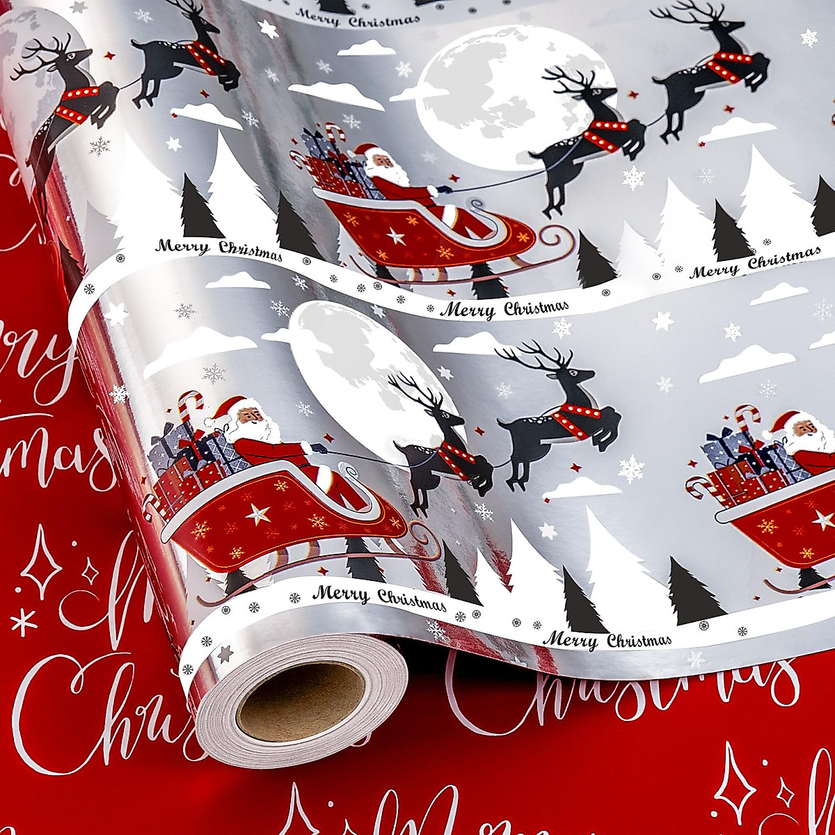 MAYPLUSS Reversible Christmas Wrapping Paper - 17 Inch X 33 Feet - Creative Red Santa Claus Riding a Sleigh Delivering Presents with Metallic Foil Design Winter Gift Wrap Paper for Holiday, New Year