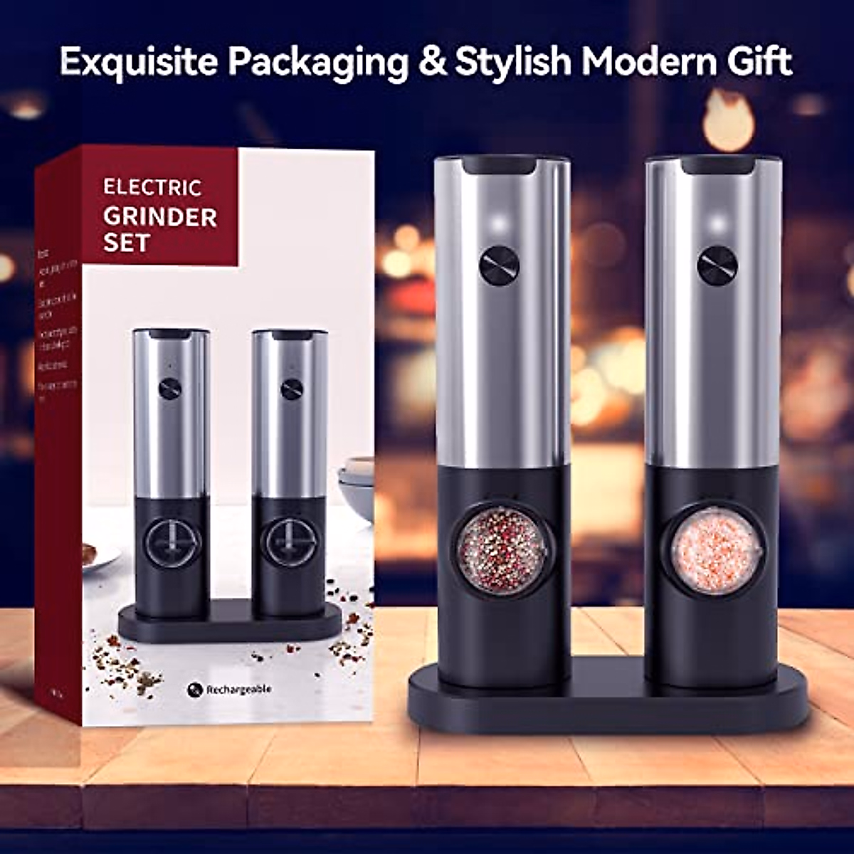 HOMCYTOP Electric Salt and Pepper Grinder Set W/USB Rechargeable Base, No Battery Needed, One Handed Operation, Automatic Powered Spice Mill Shakers Refillable, Adjustable Coarseness, LED Light
