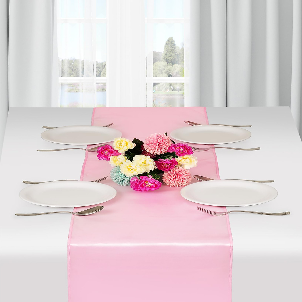 Fynite 12 Pack Satin Table Runner 12 x 108 Inches Long | Baby Pink Satin Table Runner for Party Wedding Banquet Decorations | Bright and Smooth Silk Fabric Party Table Runner - Baby Pink