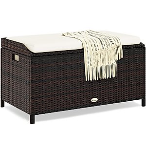 YITAHOME Outdoor Wicker Storage Bench Deck Box, Large PE Rattan Patio Storage Bench w/Covenient Handles and Soft Cushion for Patio, Yard, Lawn, Garden