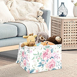 Kigai Storage Basket Pink Rose Flower Floral Storage Boxes with Lids and Handle, Large Storage Cube Bin Collapsible for Shelves Closet Bedroom Living Room, 16.5x12.6x11.8 In