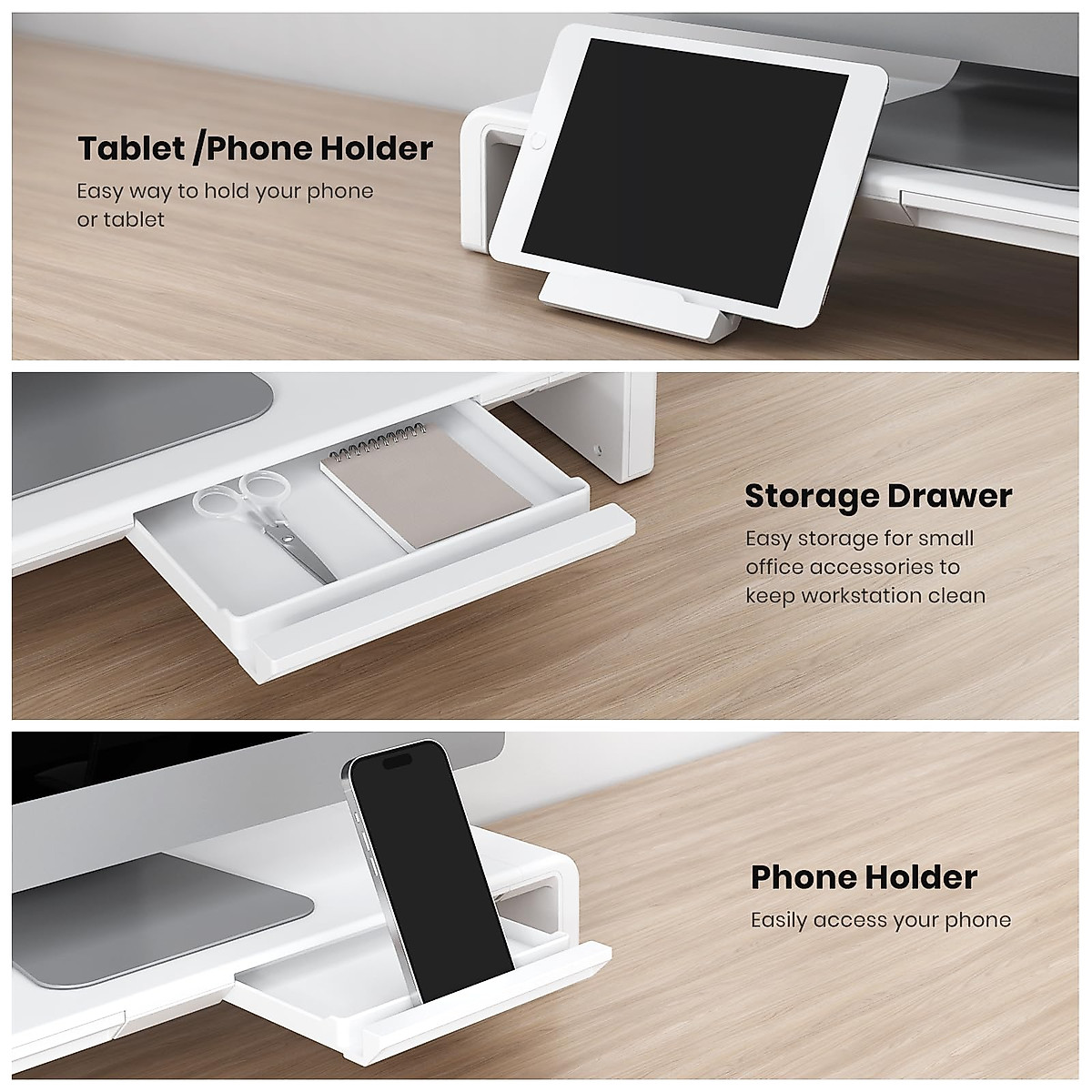 Monitor Stand Riser, Klearlook Foldable Computer Monitor Stand, Adjustable Computer Stand Desk Organizer with Storage Drawer, Tablet Phone Stand for Laptop PC Printer (White)