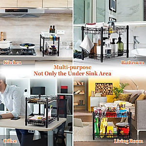 Wahopy Under Sink Organizer, 2 Tier Under Sink Shelf, Bathroom Kitchen Cabinet Under Sink Storage Rack, 2 Wire Baskets with Hooks, Sturdy Metal, Black