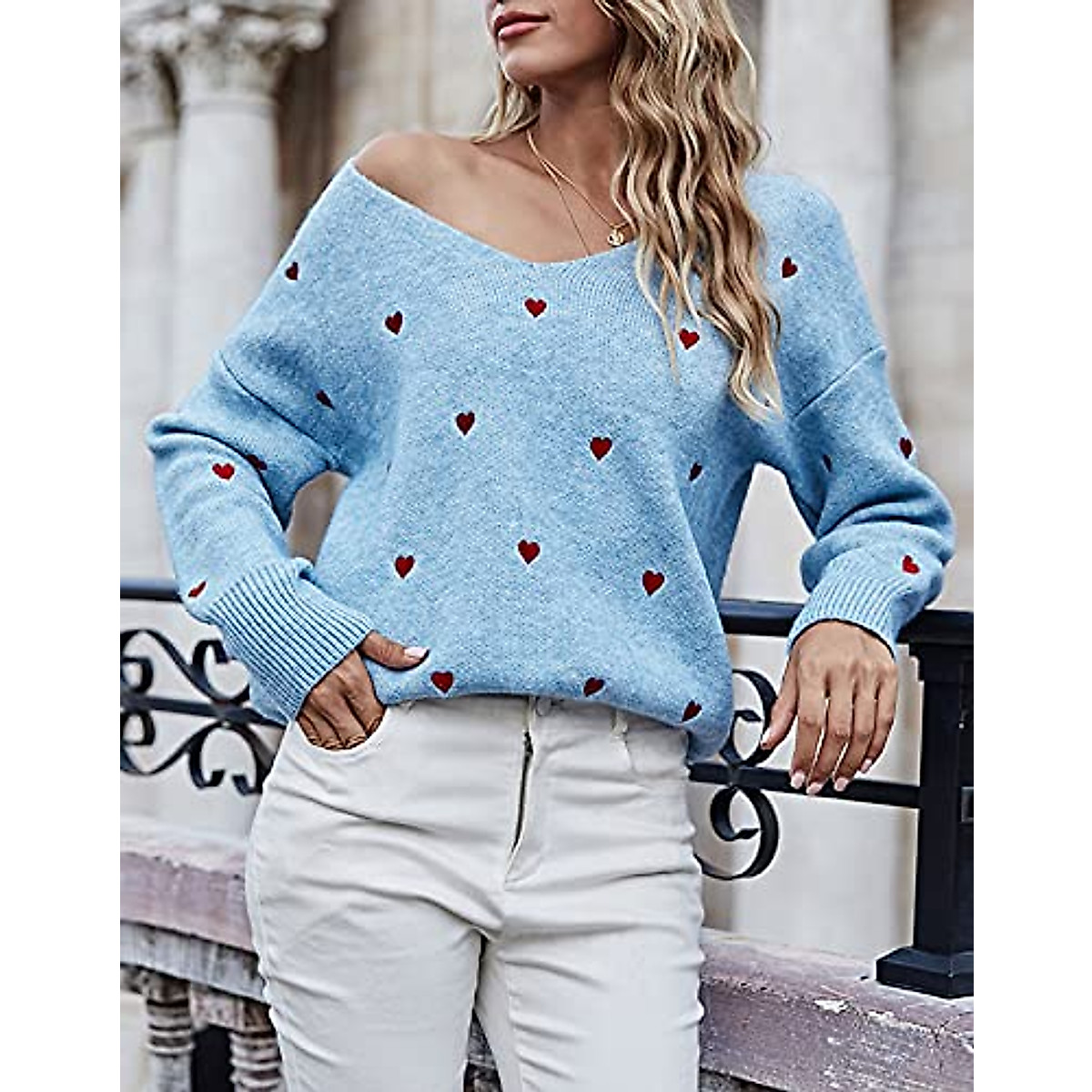 Alsol Lamesa V Neck Sweaters for Women Heart Long Sleeve Embroidery Pattern Pullover Sweaters