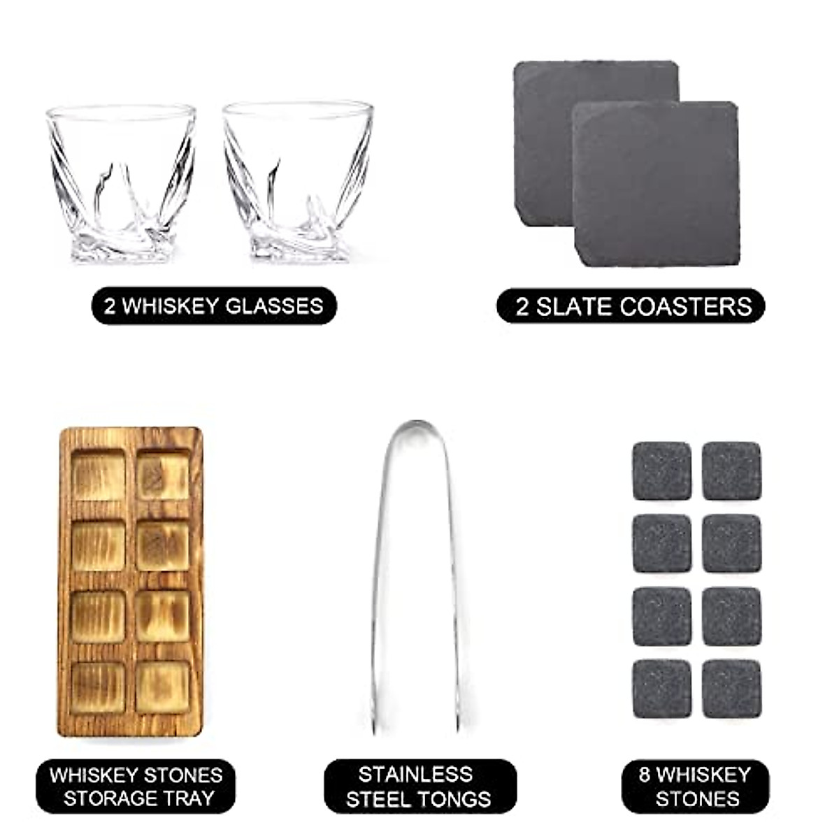Whiskey Stones Gift Set for Men, Jewelvwatchro Whiskey Glasses Set in Wooden Box, 8 Basalt Chilling Rocks & 2 Scotch Glasses for Dad, Husband