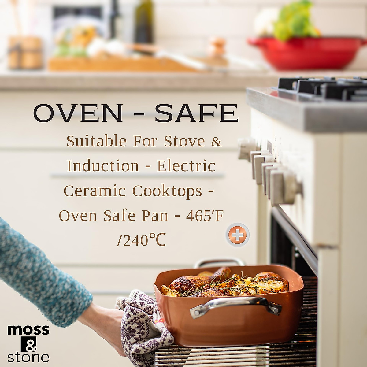 Moss & Stone 7 Pcs Copper Pots And Pans Set, Copper Chef Cookware Non Stick, Square Copper Pans for Cooking, Round Copper Pot & Fry Basket, Oven Safe 5 Quart Deep Frying Pan, Induction Cookware Set