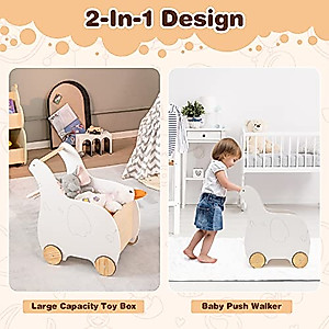 BABY JOY Baby Wooden Push Walker, 2-in-1 Toddler Learning Walker w/Toy Storage Chest, Non-Slip 4-Wheels, Push & Pull Stroller Walker for 1-3 Years Old Boys Girls (Cute Elephant)