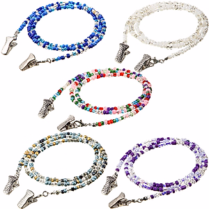 5 Pieces Bead Eyeglass Chains Clip Holder Colorful Beaded Face Covering Lanyards Handmade Necklace with 5 Pairs Silver Clips, 28 Inches Long