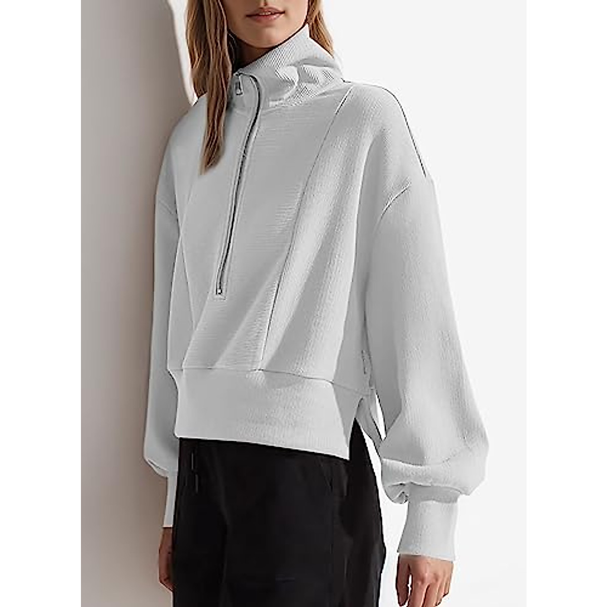 Dokotoo Womens Casual Half Zip Pullover Sweatshirts Long Sleeve Workout Tops Fall Comfy Cropped Loose Quarter Zipper Sweatshirt Jackets Winter Clothes 2023 Trendy Outfits White Mdeium