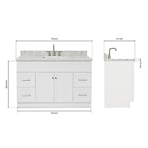 ARIEL 55" White Bathroom Vanity with 1.5" Edge Italian Carrara Marble Countertop & Splash, Rectangular Sink, 2 Soft Closing Doors, 4 Full Extension Dovetail Drawers, Toe Kick, Brushed Nickel