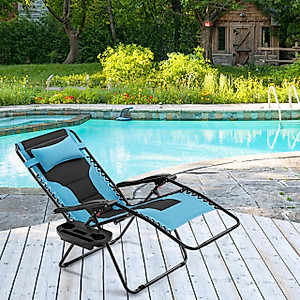 Yaheetech 29in Full Padded Zero Gravity Chair Oversized Outdoor Patio Folding Lounger Adjustable Portable Anti Gravity Recliner w/Carry Strap, Side Cup Tray, Pillow for Beach Yard Lawn Black/Aqua/2