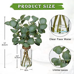 Briful Artificial Eucalyptus Stems in Glass Vase with Faux Water, 14" Fake Plant Eucalyptus Leaves for Home Office Farmhouse Wedding Centerpiece Décor