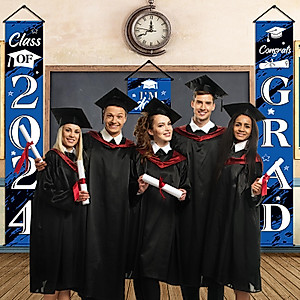 3 Pieces 2023 Graduation Banner Decorations, Class of 2023 Congrats Grad Porch Sign Hanging Banner Door Sign Welcome Decor Photo Props for College, High School Graduation Party Decorations (Blue)