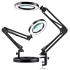 【Upgraded】 5X LED Magnifying Lamp, HITTI 1,800 Lumens Stepless Dimmable, 3 Color Modes, 8-Diopter 4.2″ Real Glass Lens Magnifier Desk lamp, Magnifying Light and Stand for Crafts, Reading, Close Work