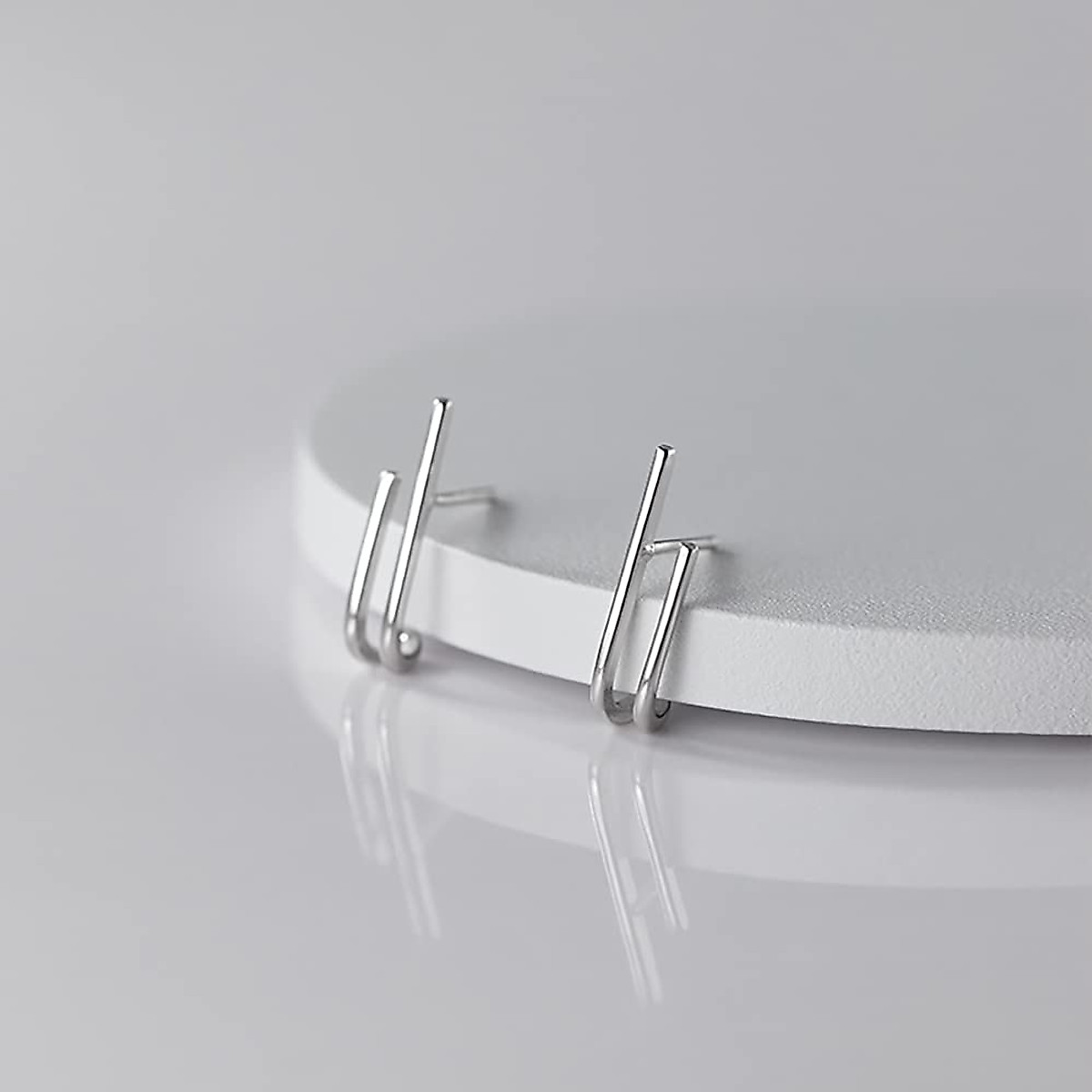 Reffeer Solid 925 Sterling Silver Bar Huggie Stud Earrings Hoops for Women Bar Half Hoop Earrings Open Hoops (A-Silver)