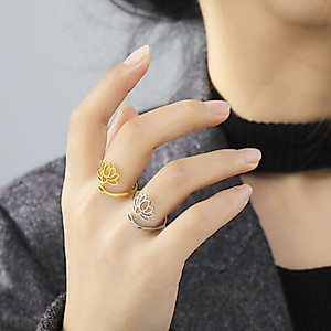 TEAMER Resizable Lotus Ring Stainless Steel Semicolon Ring Yoga Meditation Om Symbol Ring Inspirational Jewelry For Women (Lotus 1-Gold)