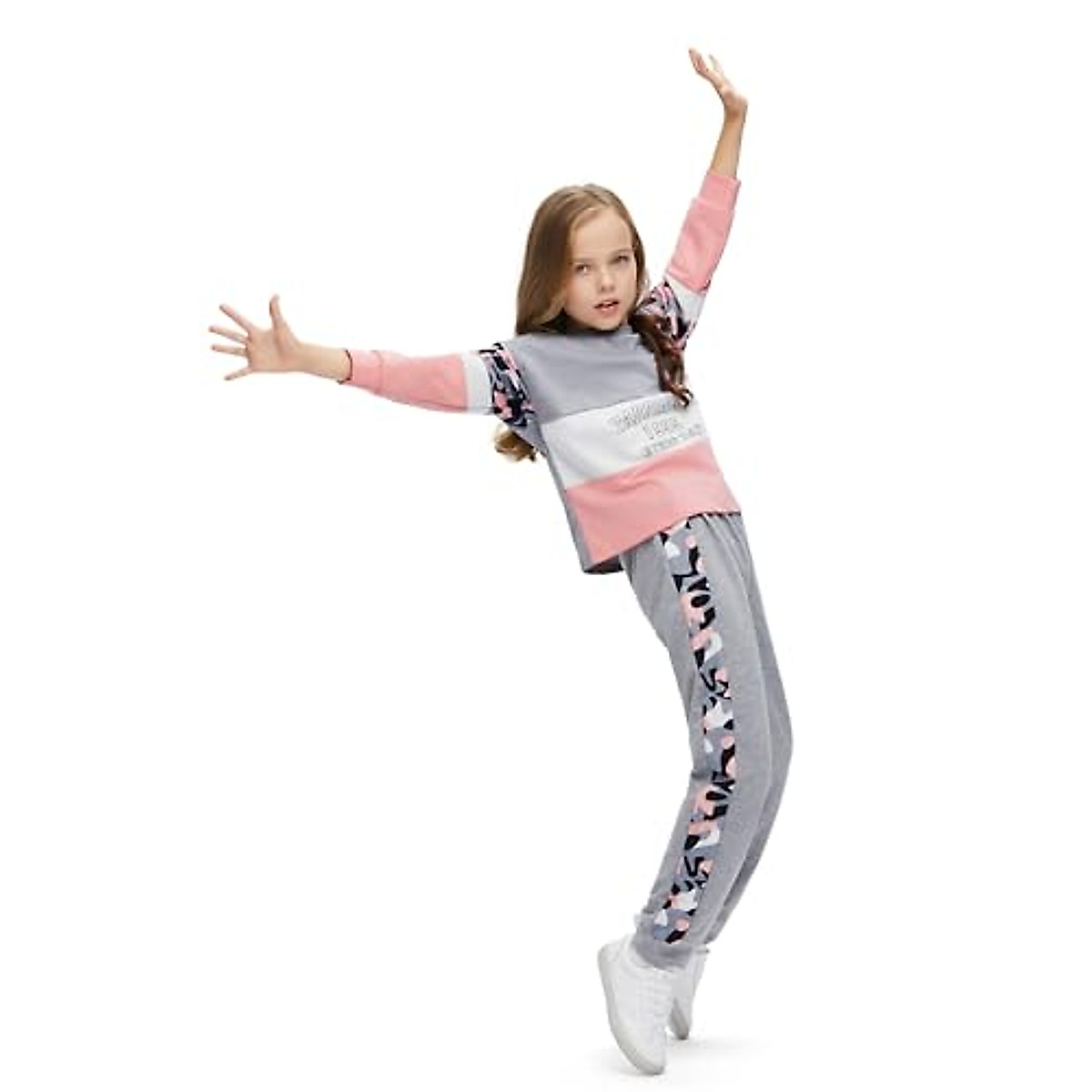 PATPAT Girls Outfits Grey Pink Crew Neck Leopard Color Block Sweatshirt and Sweatpant Girls Outfits Size 7/8